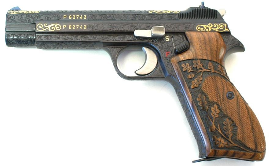 Sig P210 factory engraved and gold inlaid pistol in a beautiful deluxe ...