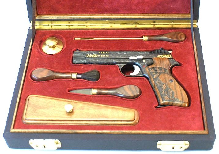 Sig P210 factory engraved and gold inlaid pistol in a beautiful deluxe ...