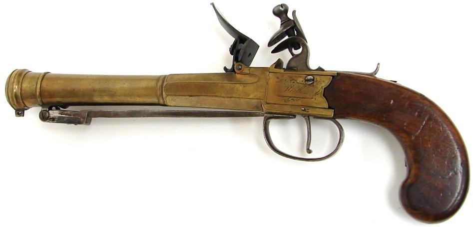 English Cannon Muzzle Spring Bayonet Flintlock pistol by Wallis with 7 ...