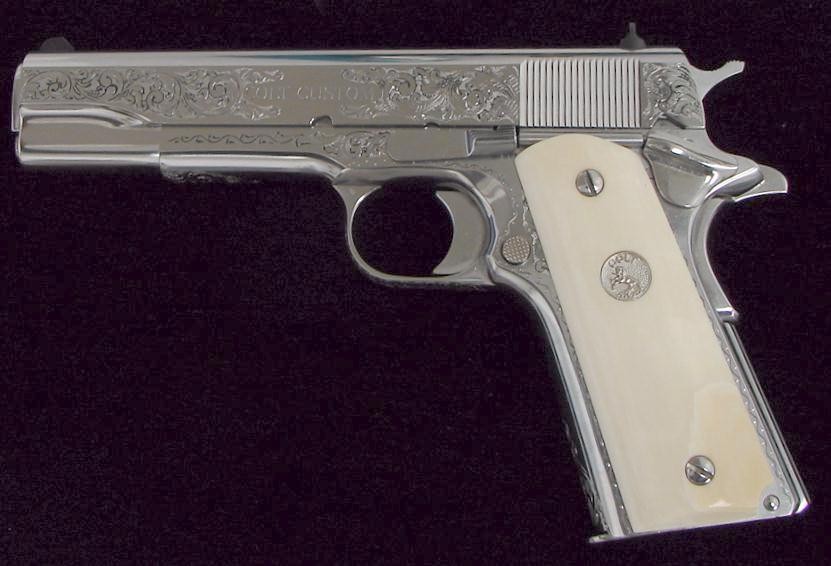 Colt Government .38 Super caliber pistol. Bright stainless custom shop ...