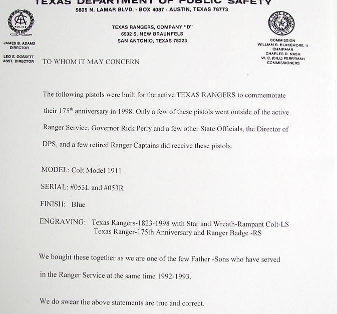 Colt Texas Rangers .45 ACP caliber pistols. Rare set of Colt Texas ...