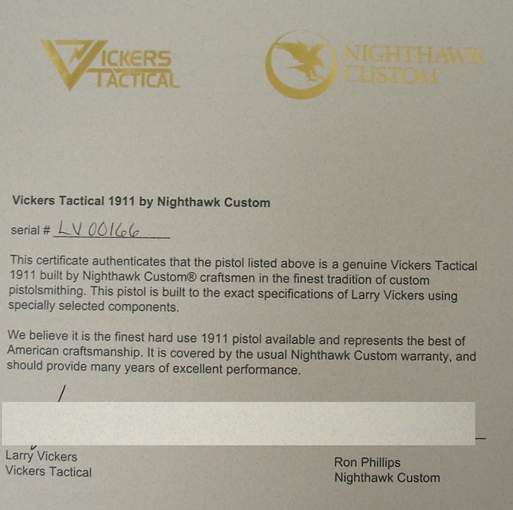 Nighthawk Custom Vickers Tactical .45 ACP caliber pistol. Premium grade ...