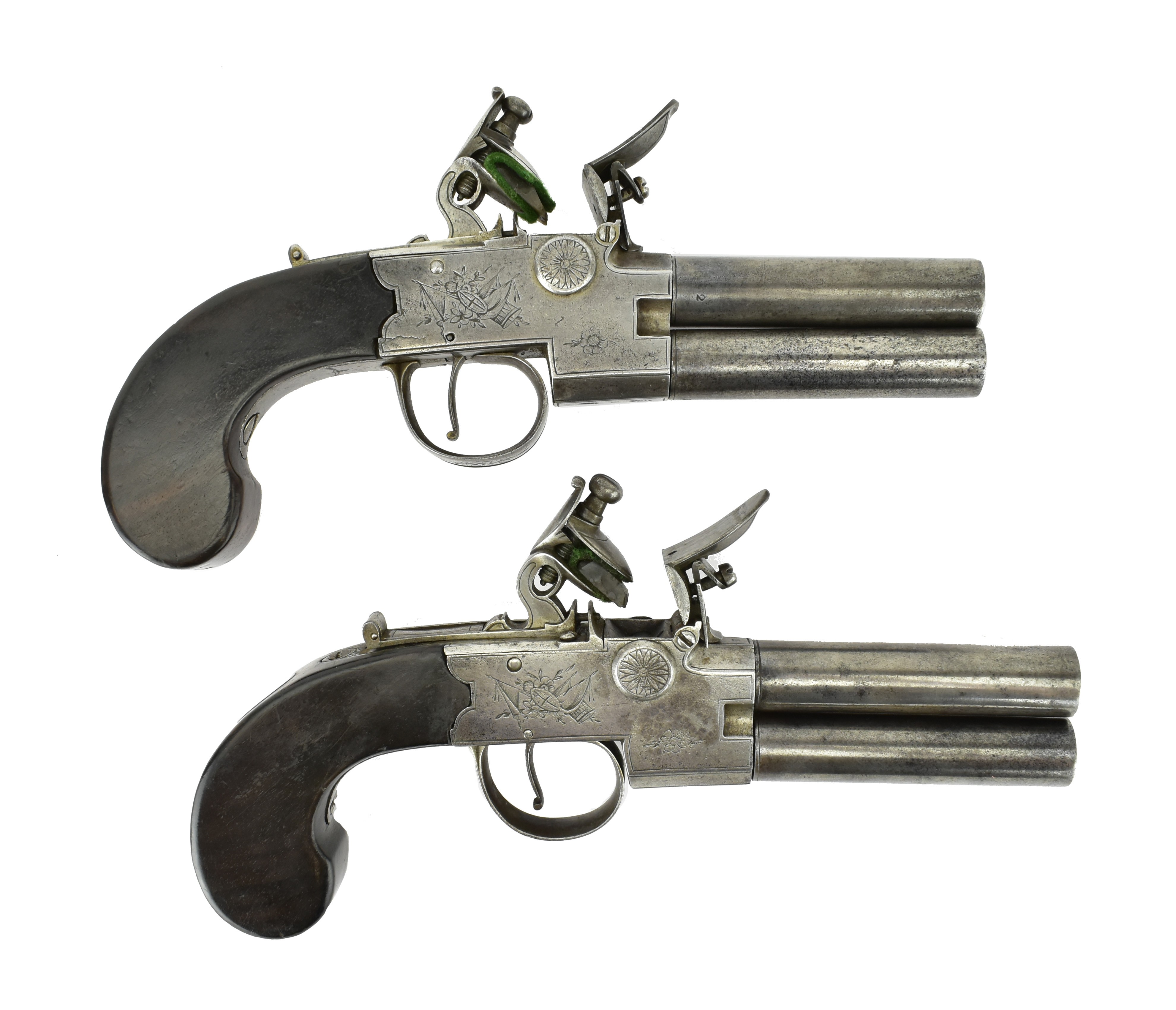 Pair of English Tap Action Over/Under Barrels Flintlock Pistols (AH5646 ...