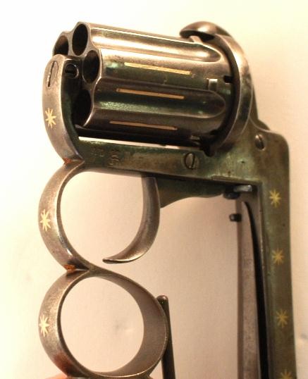 Rare J.Del Haxhe pinfire/knuckle gun with folding dagger. Gold inlays ...