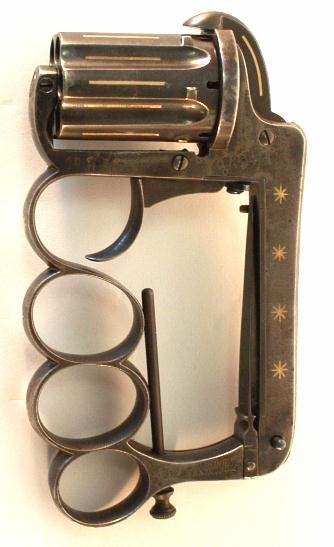 Rare J.Del Haxhe pinfire/knuckle gun with folding dagger. Gold inlays ...