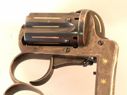Rare J.Del Haxhe pinfire/knuckle gun with folding dagger. Gold inlays ...