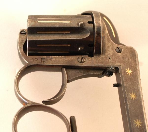 Rare J.Del Haxhe pinfire/knuckle gun with folding dagger. Gold inlays ...