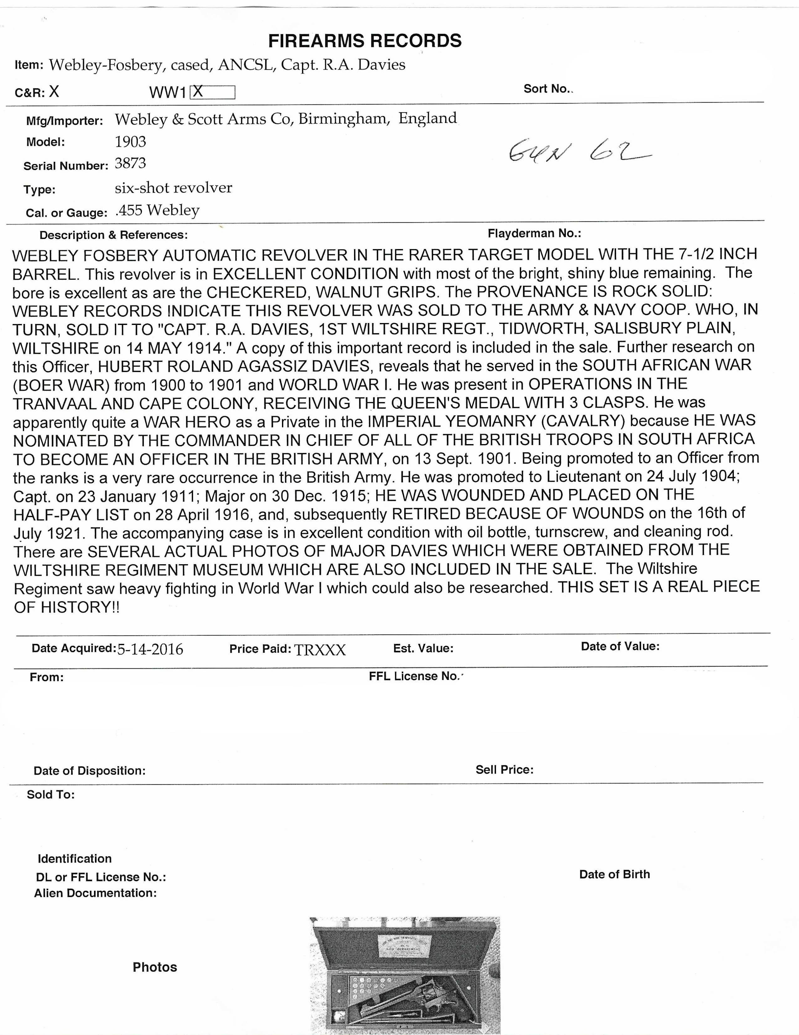 Rare ID'd Cased Webley Fosbery 7.5" Target Model .455 (PR63450 ...