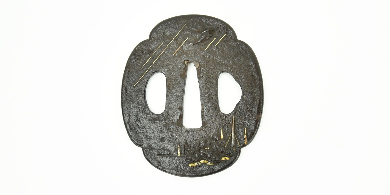 Iron Tsuba. Bird flying in Rain above Foliage. For Tanto or Wakizashi ...