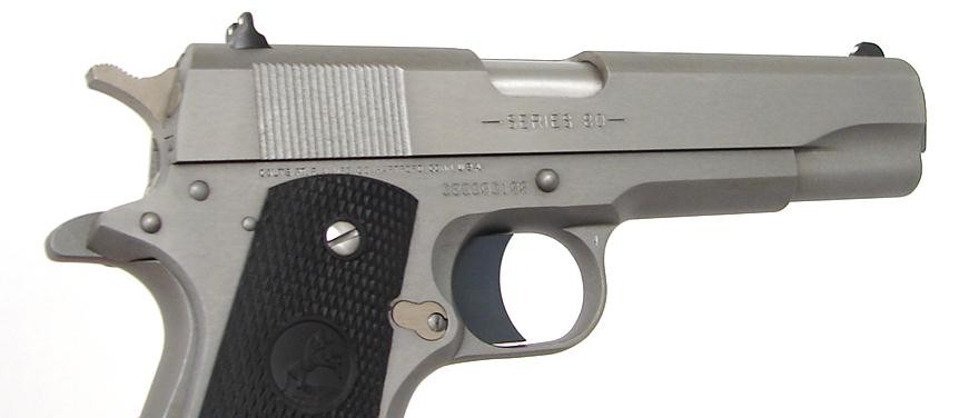 Colt Government Model .38 Super caliber pistol. Classic non-enhanced model in stainless steel ...