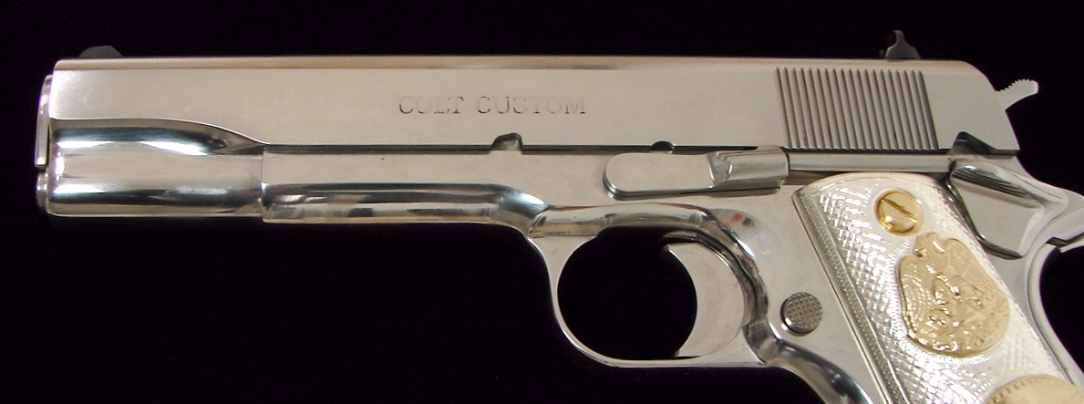 Colt Government .38 Super caliber pistol. Custom shop model with bright ...
