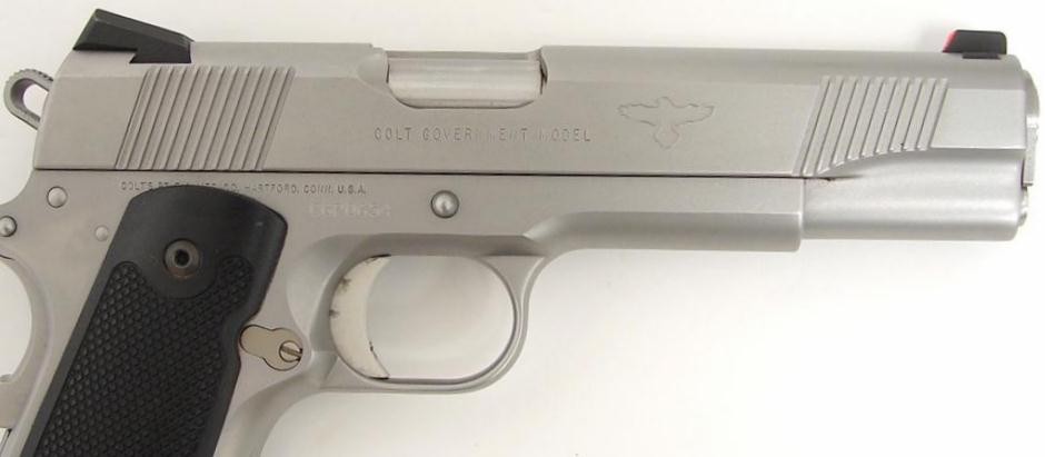 Colt Gunsite .45 ACP caliber pistol. Stainless steel model with thin ...