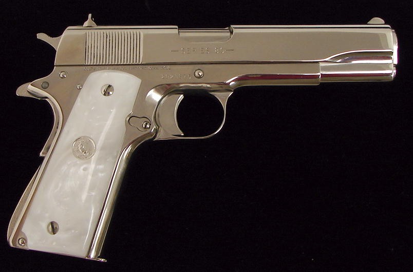 Colt Government .45 ACP caliber pistol. Custom nickel finish with fancy ...