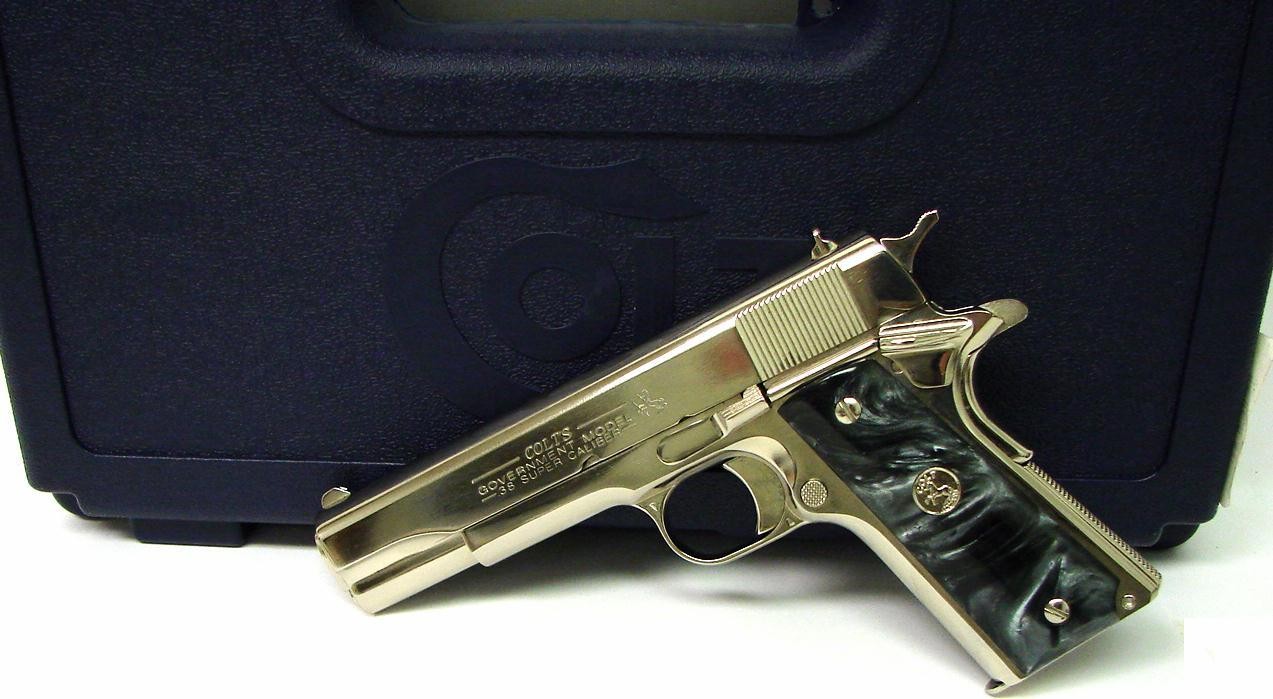 Colt Government .38 Super caliber pistol with custom bright nickel ...