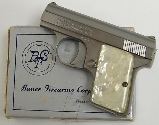 Bauer 25 .25 ACP caliber pistol. Stainless steel pocket pistol ...