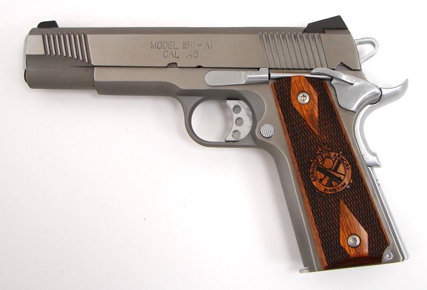 Springfield 1911A1 .45 ACP caliber pistol. Stainless standard model ...