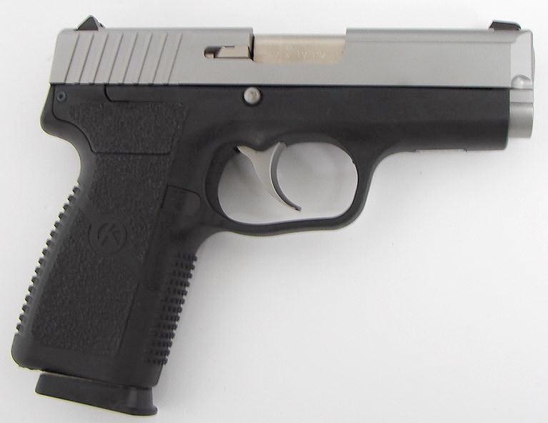 Kahr P9 9mm caliber pistol. Stainless steel slide with fixed sights ...