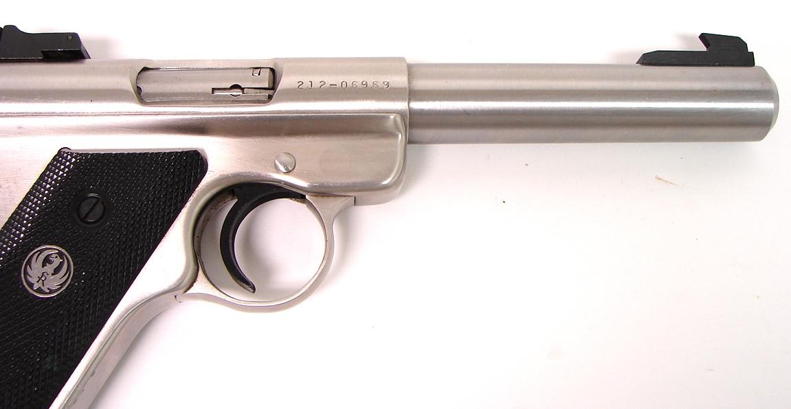 Ruger Mark II .22 LR caliber pistol. Stainless target model with 7 ...