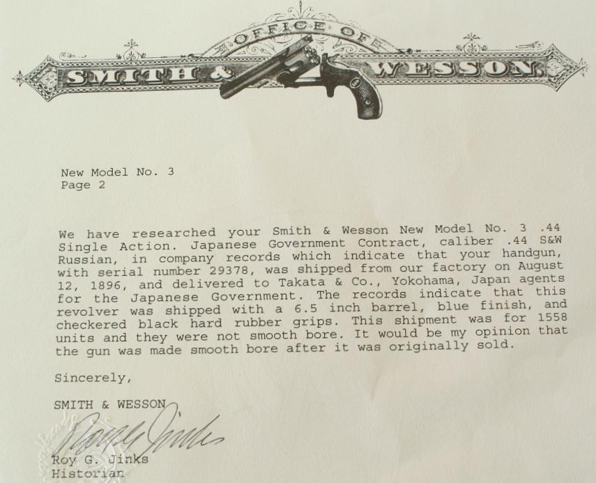 Smith & Wesson New Model #3 Japanese contract with factory letter. Gun ...
