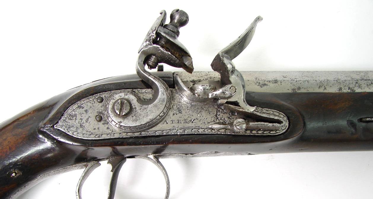 Irish flintlock dueling pistol. Bore is .70 caliber. Lock marked A ...