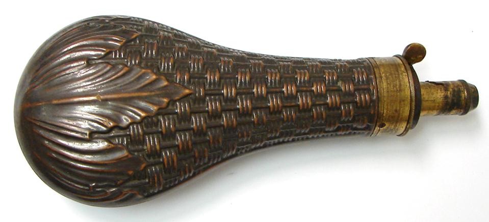Very fine English made shotgun flask with basket weave and broad leaf ...