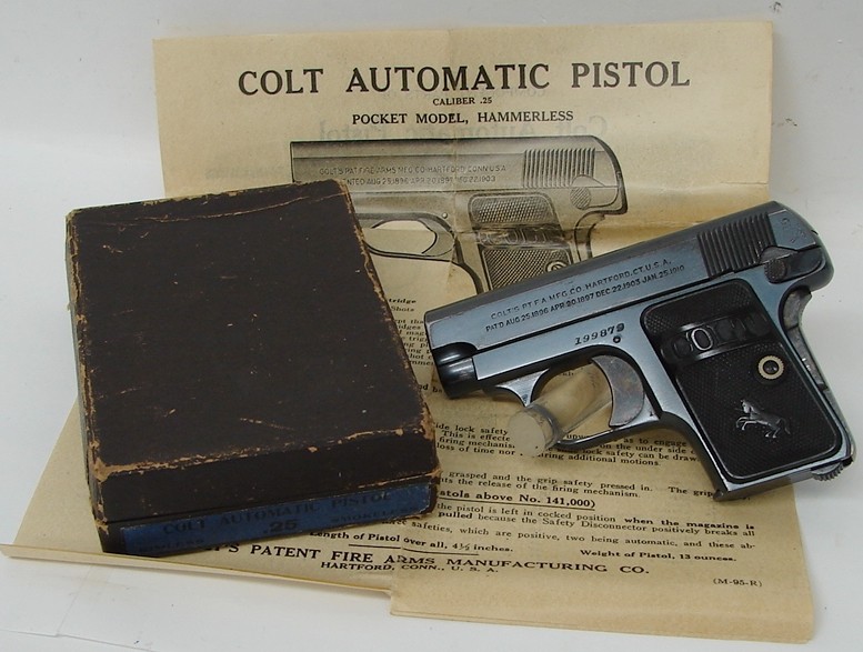 Colt 1908 .25 ACP caliber pistol. Manufactured in 1919. Excellent with ...