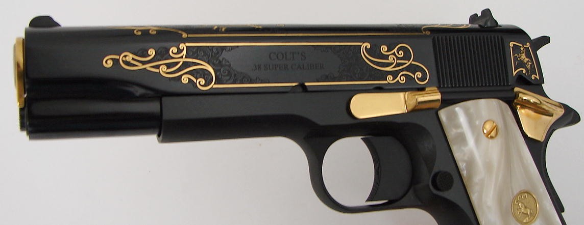 Colt Government .38 Super caliber pistol. El Caballo De Oro special ...