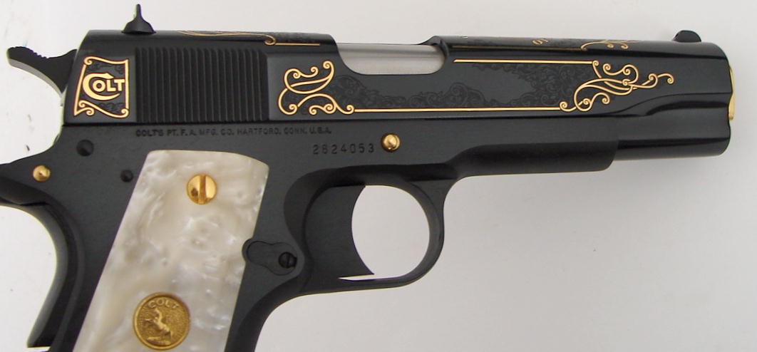 Colt Government .38 Super caliber pistol. El Caballo De Oro special ...