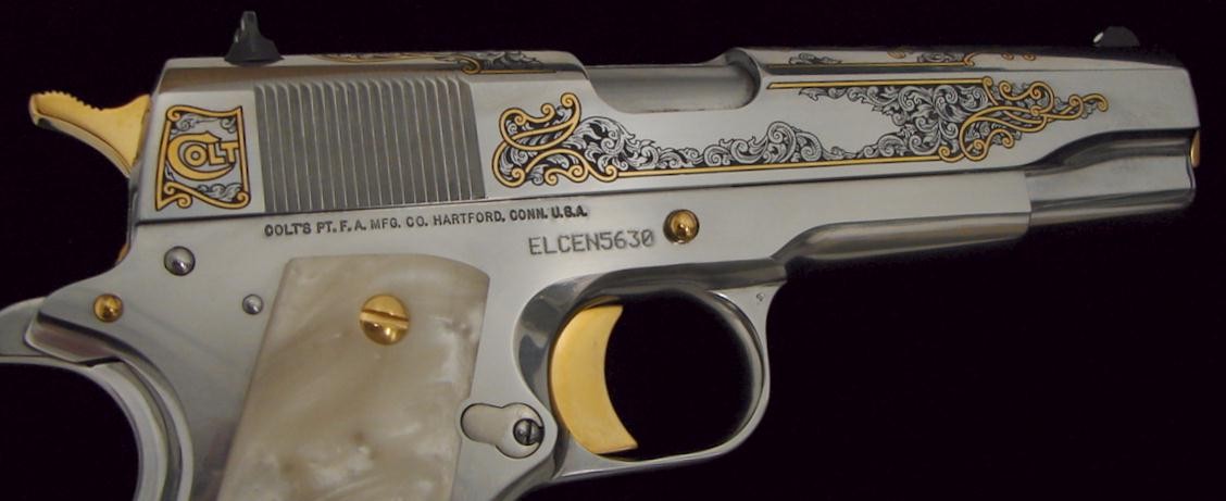 Colt Government .38 super caliber handgun. This is an El Caballo de Oro ...
