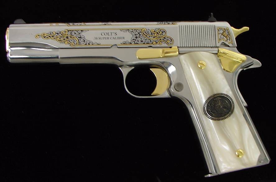 Colt Government .38 Super caliber pistol. El Caballo De Oro Maximo ...