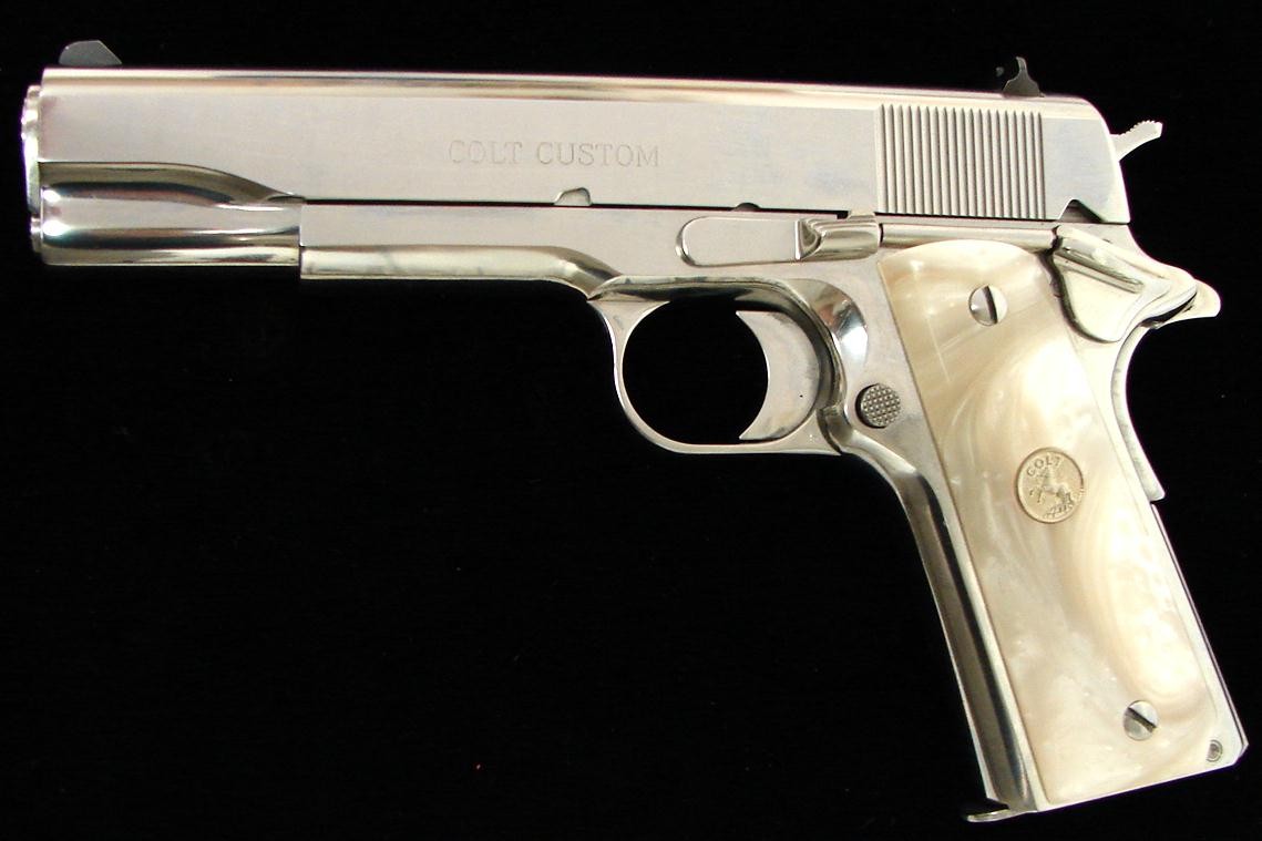 Colt Government .38 Super caliber pistol. Custom shop model with bright ...