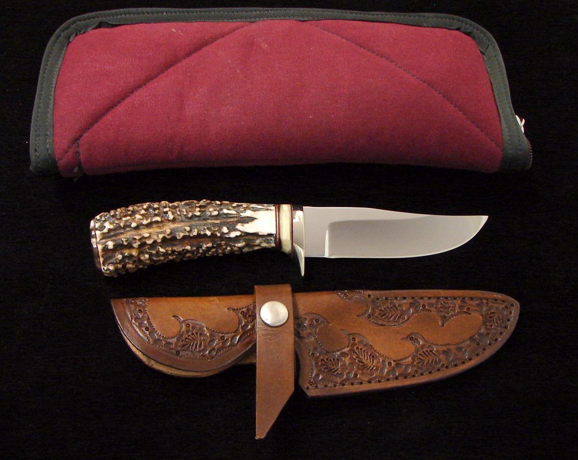Ken McFall Stag and Mokume Hunter. 4 5/8" trailing point blade made of ...