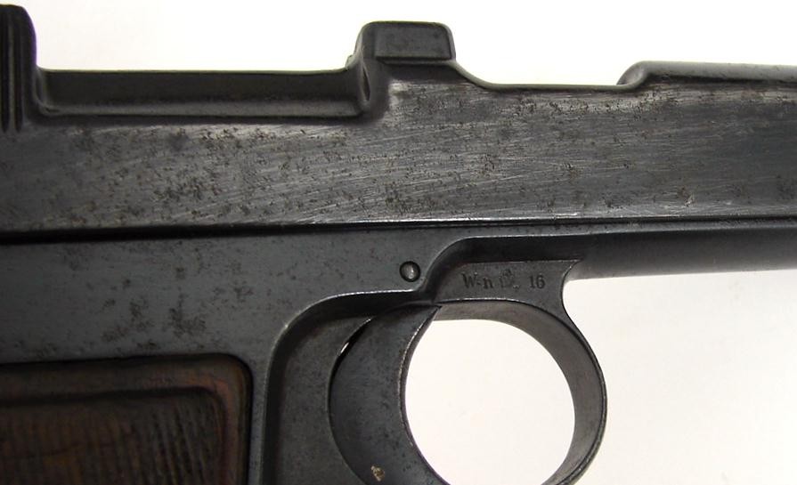 Steyr 1912 9mm Para caliber pistol. Steyr-Hahn marked 08 on slide as ...