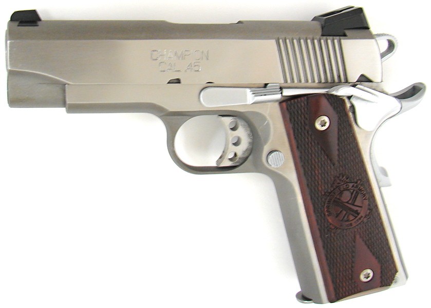 Springfield Champion .45 ACP caliber pistol. 4" stainless steel loaded ...
