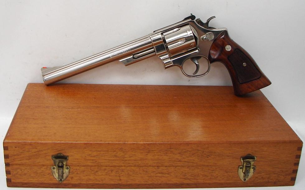 Smith & Wesson 29-2 .44 Mag. caliber revolver. 1970s vintage 8 3/8" nickel model with pinned ...