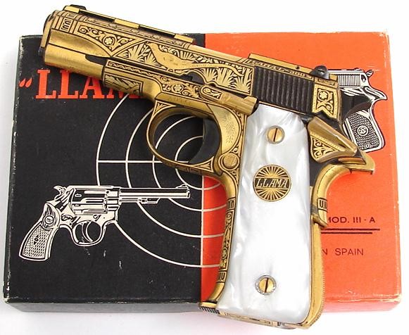 Llama III A .380 ACP caliber pistol. Gold damascened deluxe model with ...