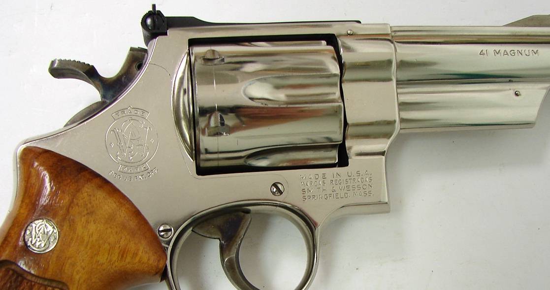 Smith & Wesson 57 .41 magnum caliber revolver. 1970 s vintage 4 nickel ...