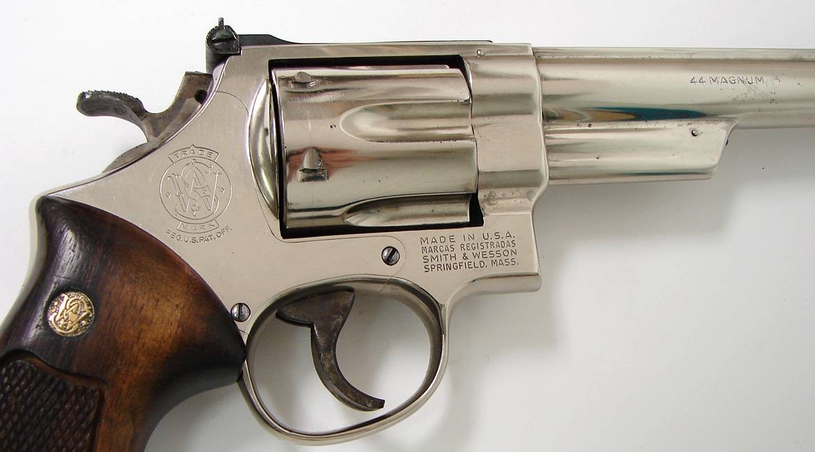 Smith & Wesson 29-2 .44 Magnum caliber revolver. 1970s vintage 6 1/2" nickel model with pinned ...