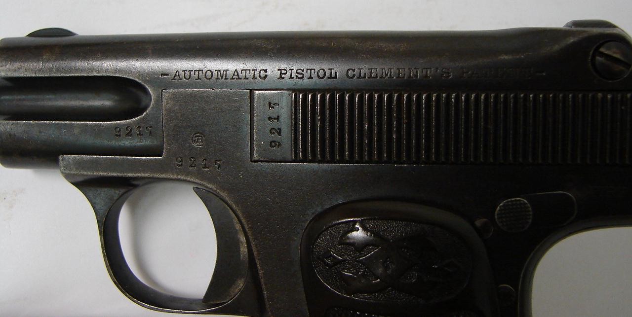 Clement 1908 .25 ACP caliber pistol. Produced in Belgium about 1909 ...