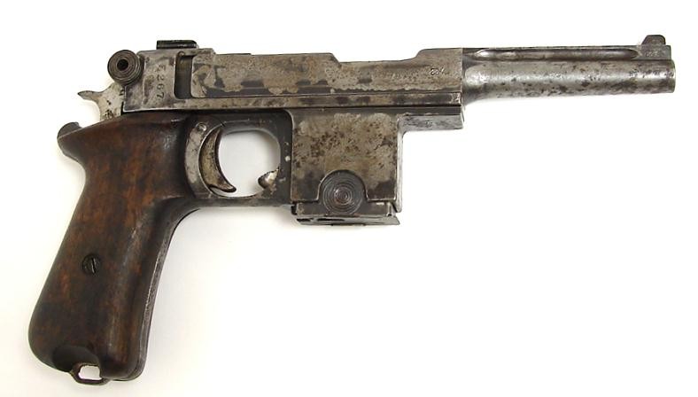 Danish 1910/21 9mm Bayard Long caliber pistol. Danish Army issue Bergmann. Gun has laid up in ...