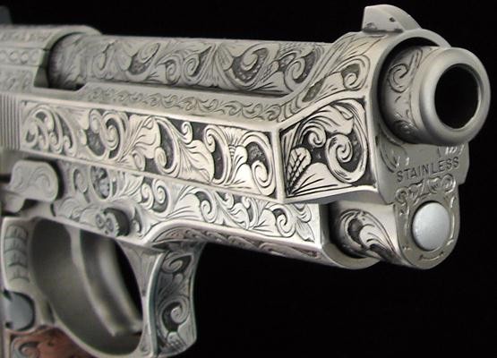 Beretta 92FS 9mm Para caliber pistol. Custom engraved stainless model ...