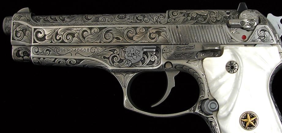 Beretta 92FS 9mm Para caliber pistol. Custom engraved stainless model ...