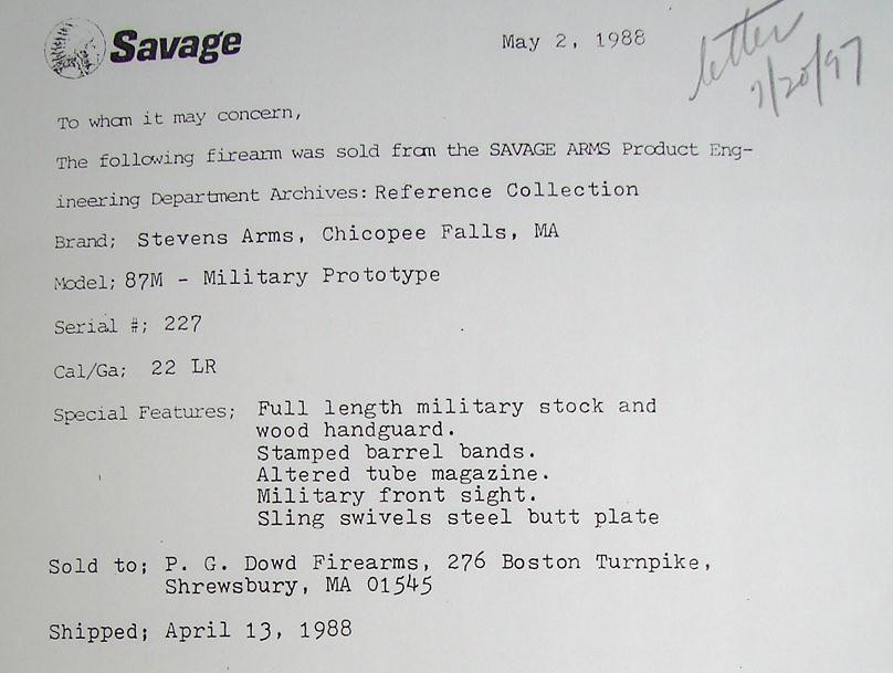 Stevens Springfield 87M .22 LR caliber rifle. Factory prototype model ...