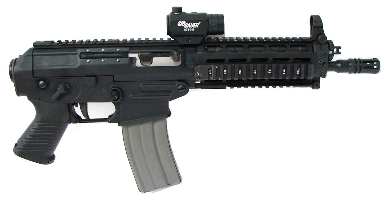 Sig Sauer P556 5.56 NATO caliber pistol. Quad rail and red dot sight ...