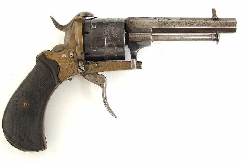 French brass frame pinfire revolver with 3 1/2 barrel, 7 overall. Fine ...