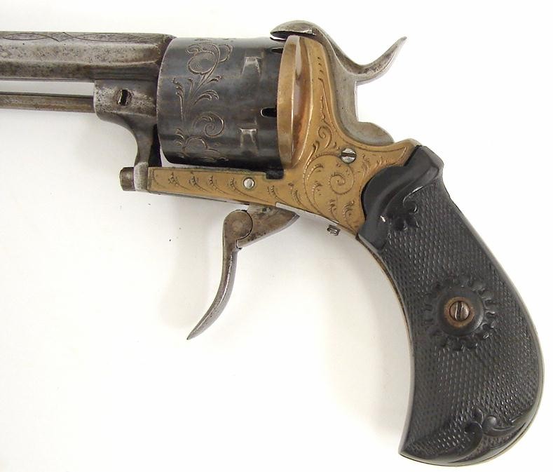 French brass frame pinfire revolver with 3 1/2 barrel, 7 overall. Fine ...