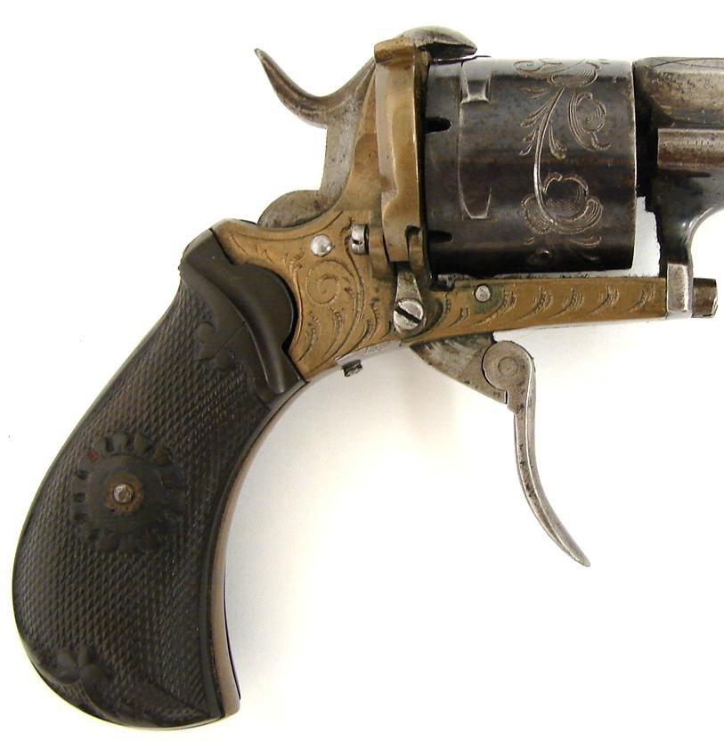French brass frame pinfire revolver with 3 1/2 barrel, 7 overall. Fine ...